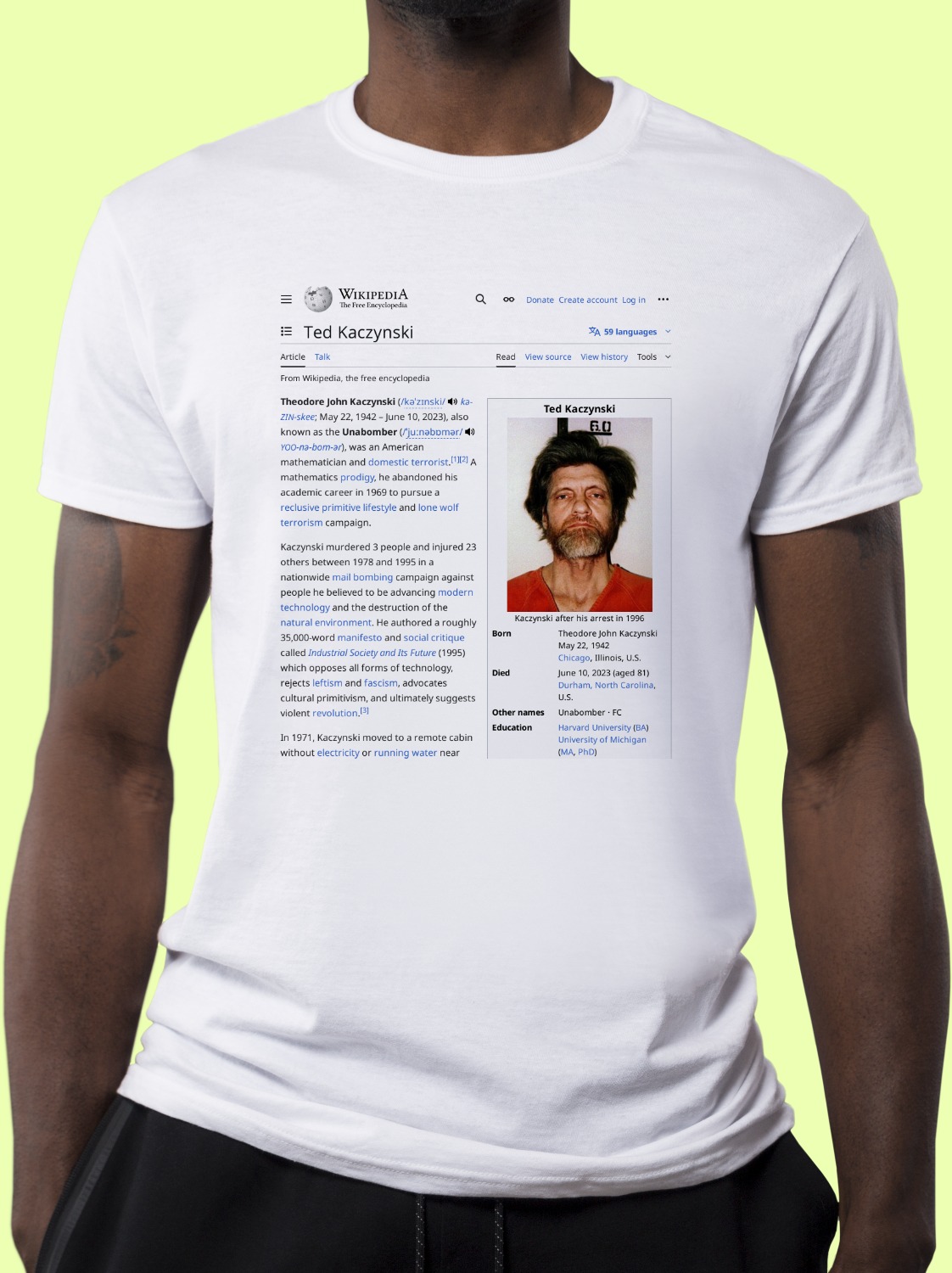 Ted Kaczynski Wikipedia T-Shirt